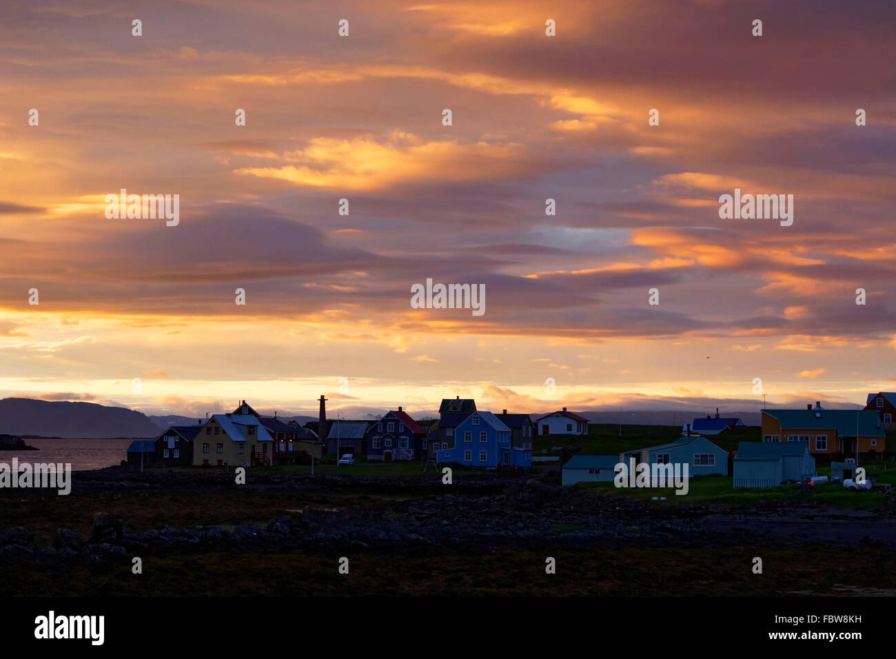 Architecture and buildings on Flatey at dawn, Flatey Island, Iceland ...