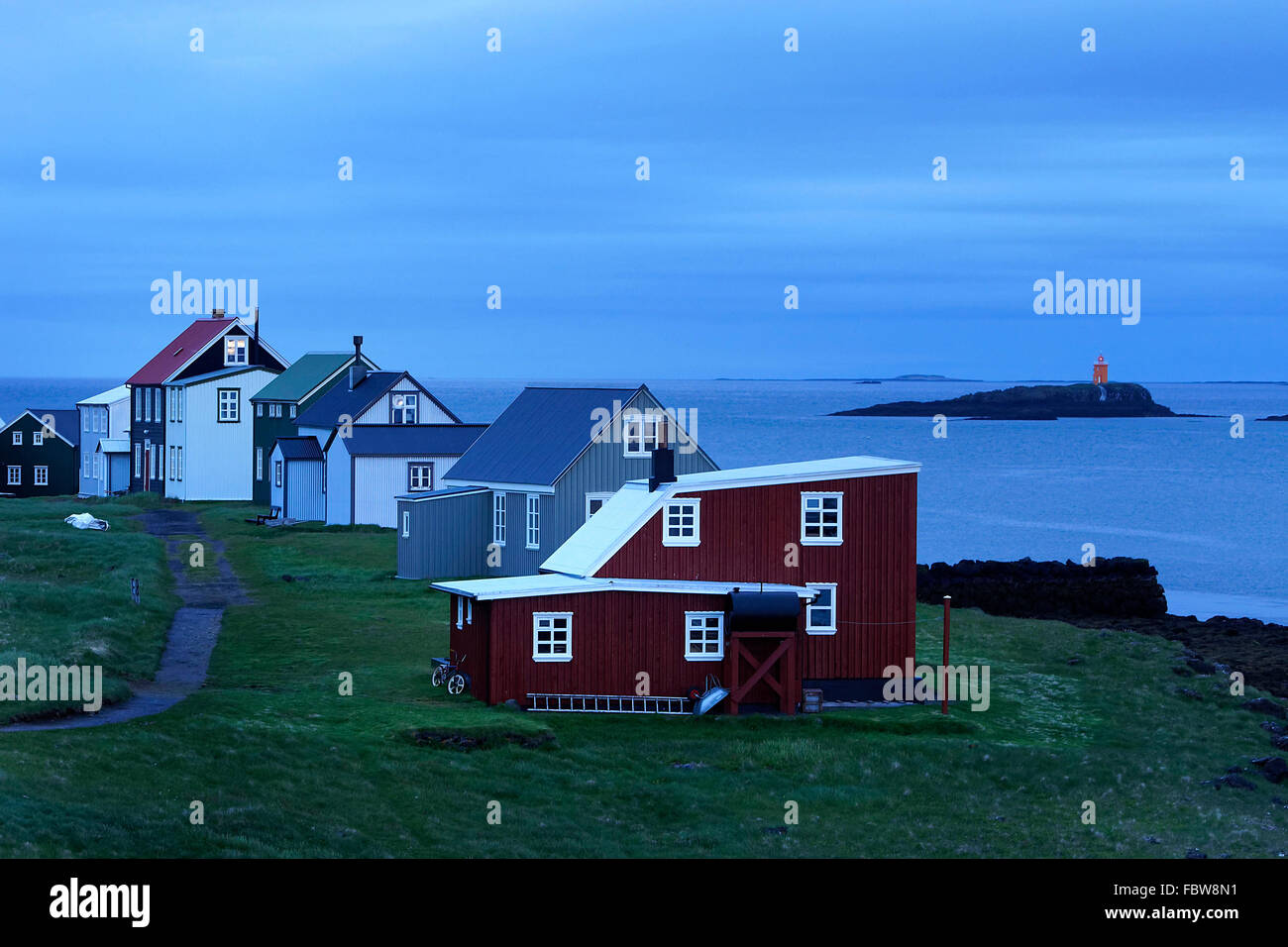 Early morning architecture and buildings on Flatey Island, Iceland ...