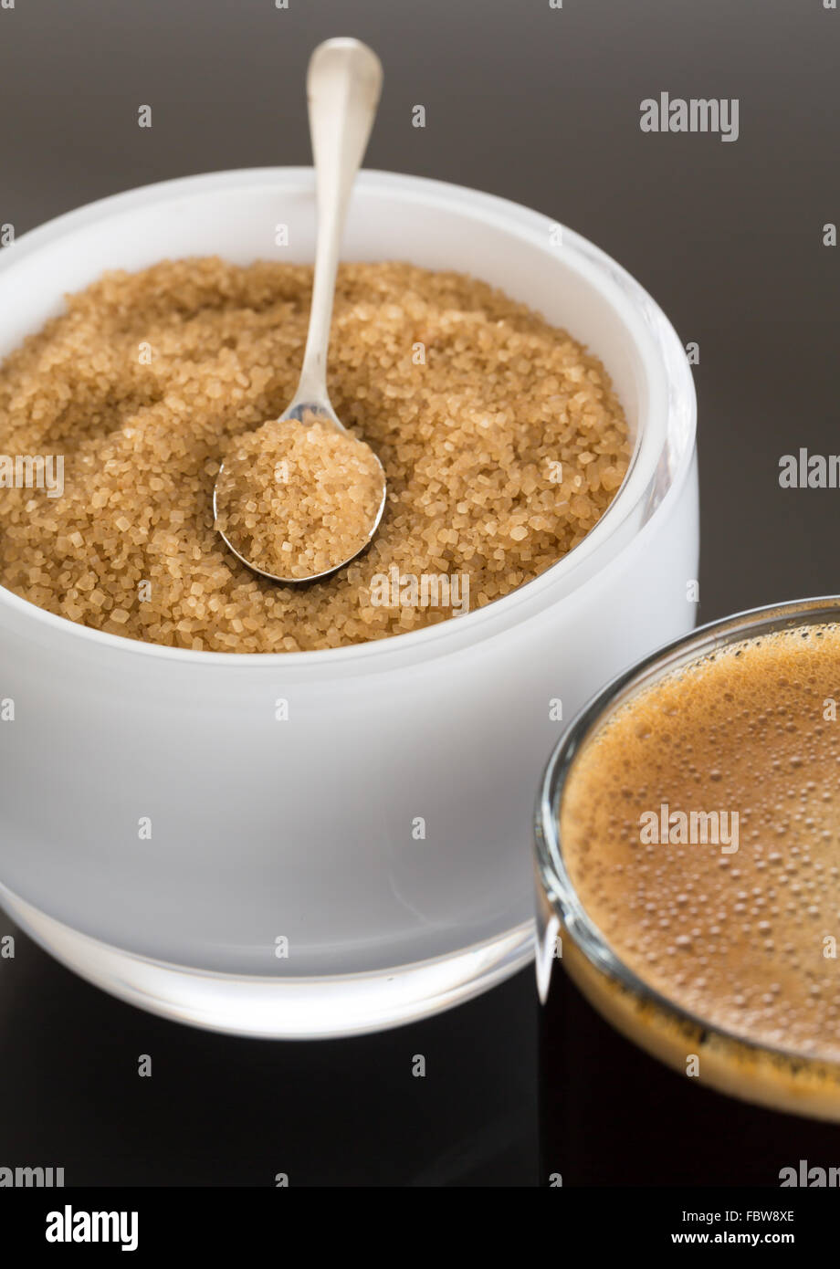Black coffee and froth in glass mug with sugar Stock Photo - Alamy