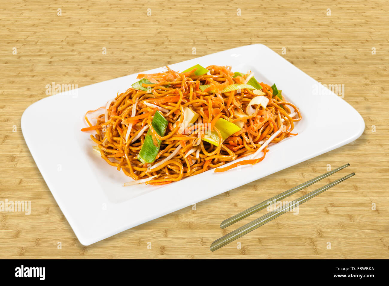 Chinese Food on a white plate with fried Noodles bean sprouts and ...
