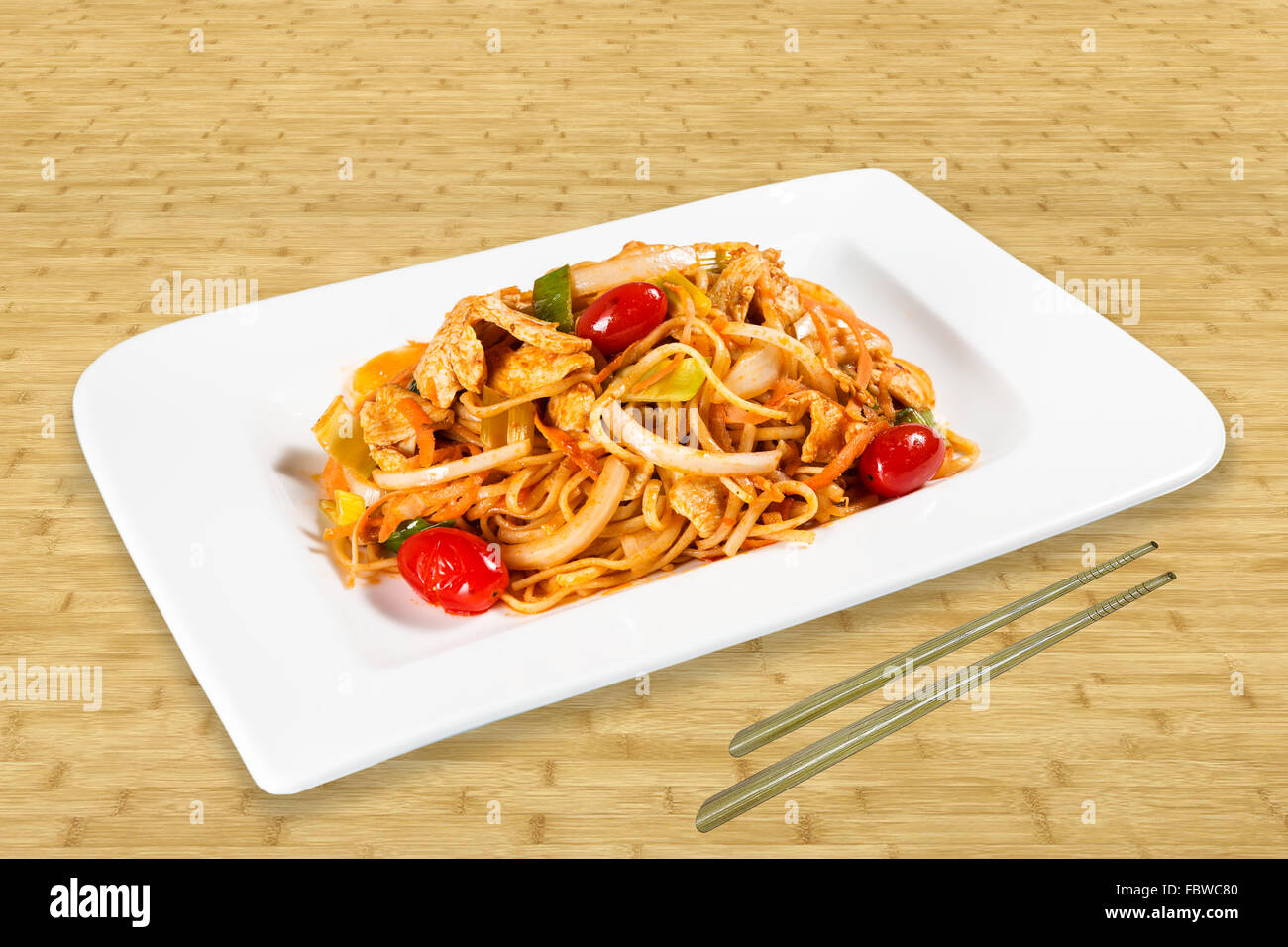Chinese Asia Food Plate with Chicken with fried noodles , vegetables ...