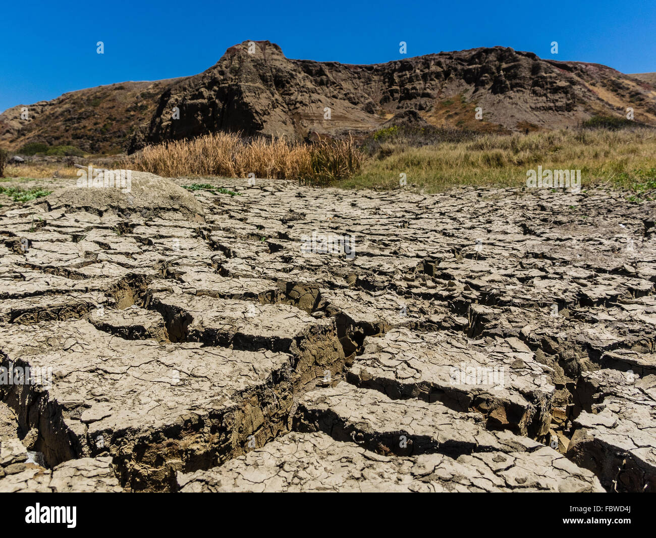 A close-up view of dried out mud flats with large cracks and peeling ...