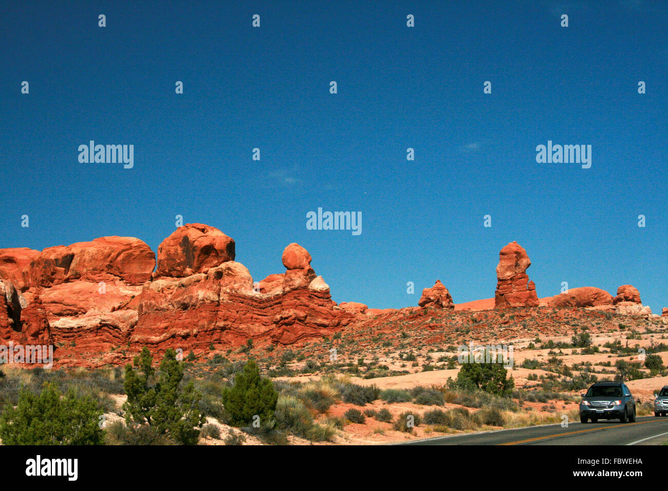 Monoliths of red rock called the Garden of Eden in Arches National Park ...