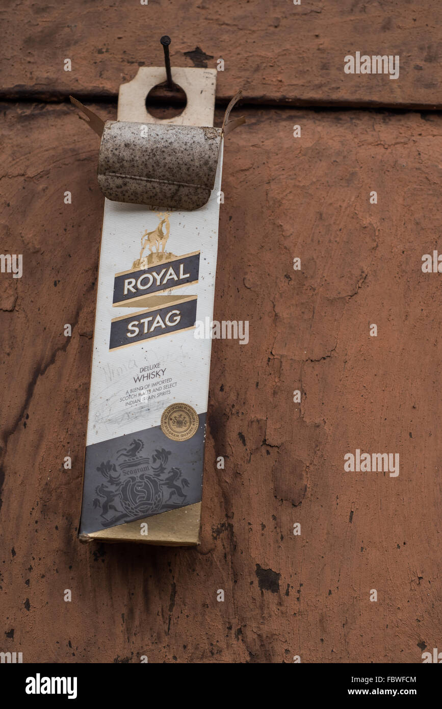 Empty Royal Stag whiskey box hung up outside a home in the very high ...
