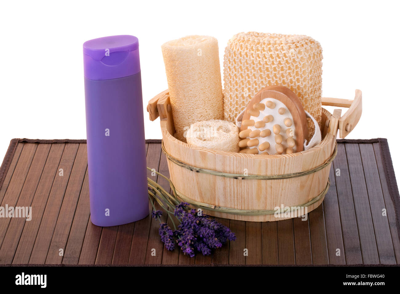 Shower gel with massage supplies Stock Photo - Alamy