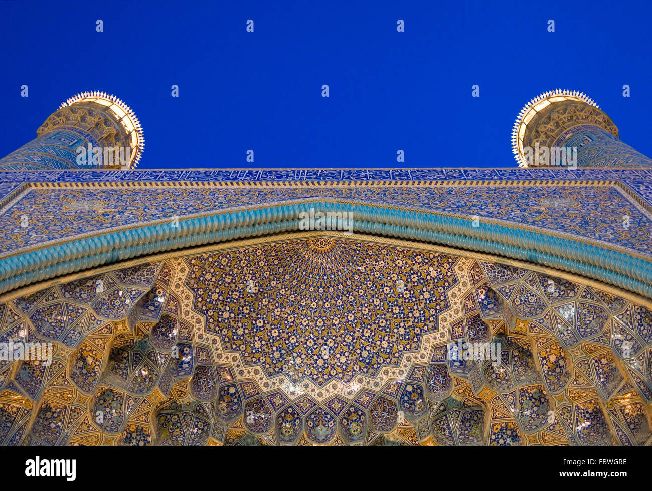 Architectural details of Imam Mosque at night, Isfahan, Iran Stock ...