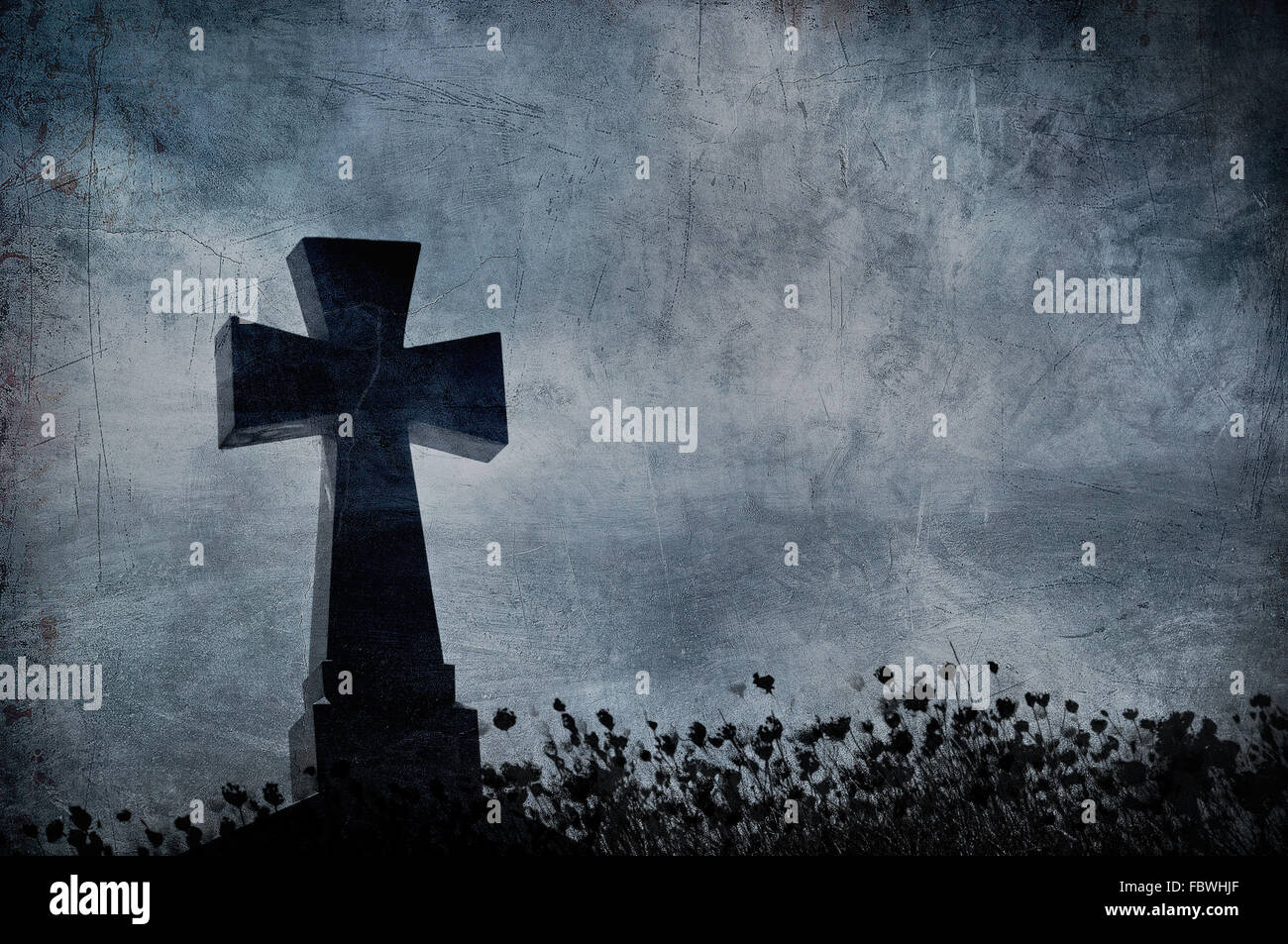 Grunge image of a cross in the cemetery, perfect halloween background ...