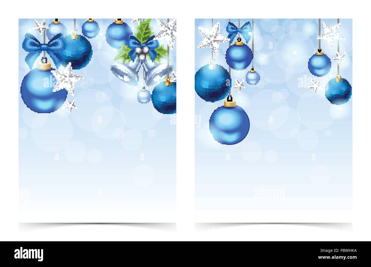 Flyers with blue Christmas balls, bells, stars and sparkles. Vector eps ...