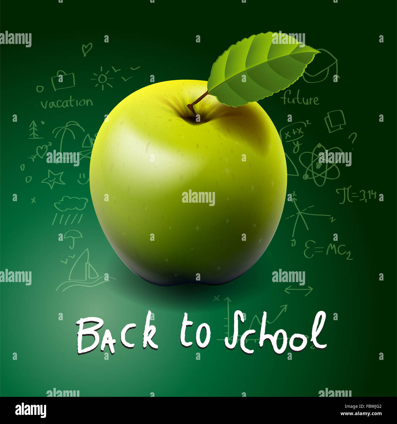 Back to school, with green apple on desk Stock Photo - Alamy