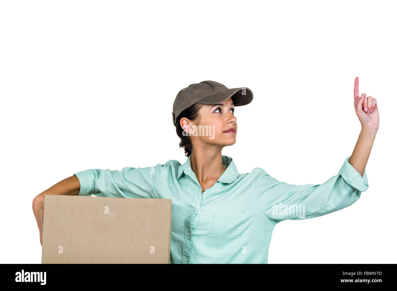 Smart delivery woman holding pack pointing up Stock Photo - Alamy