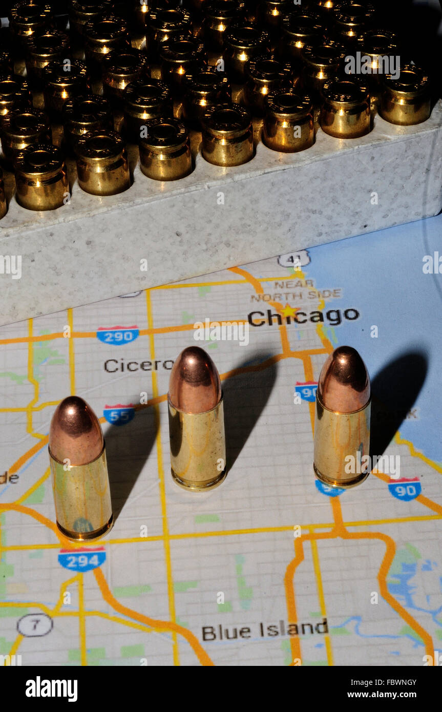 9 mm Bullets sitting on map of Chicago Stock Photo - Alamy