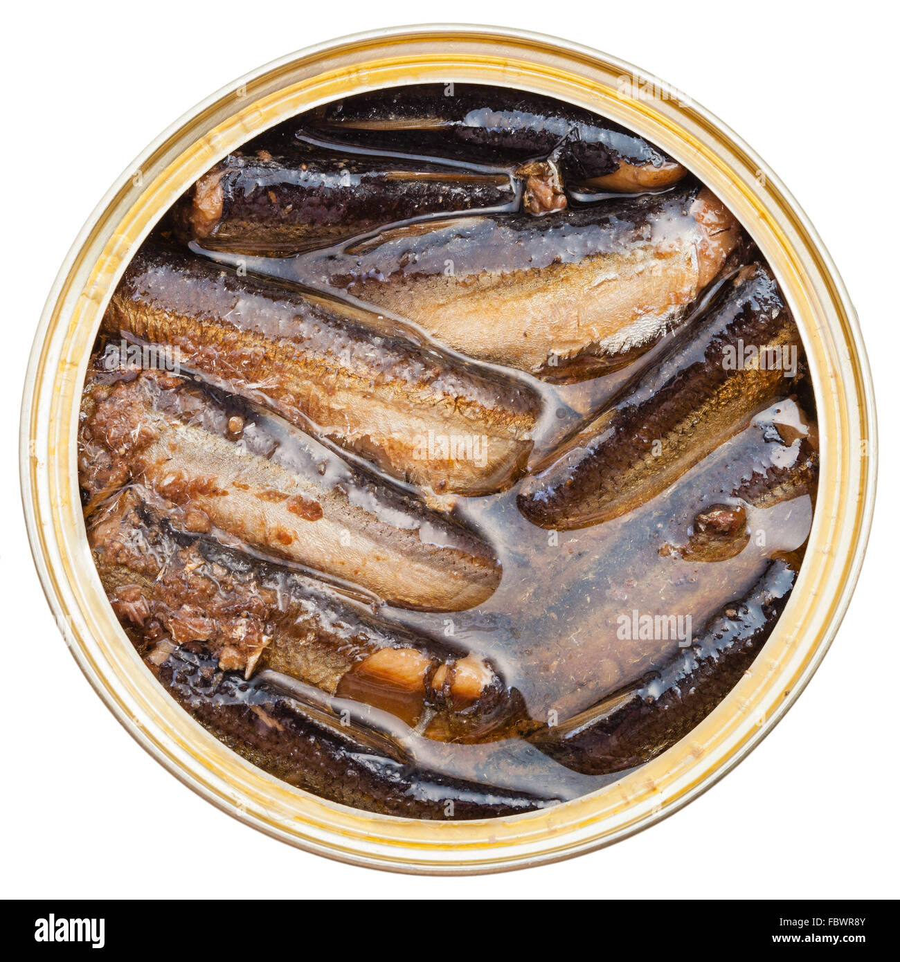 top view of tinned smoked sprats fish in oil in tin isolated on white ...