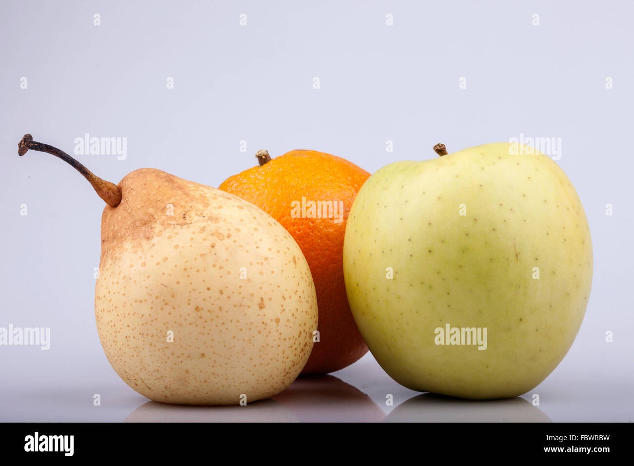 pear, orange and apple on white background Stock Photo - Alamy