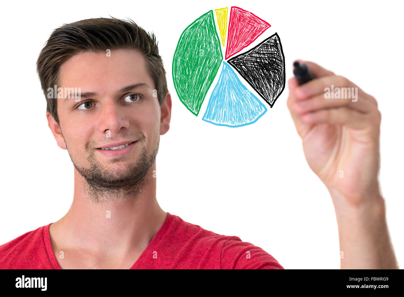 Young man drawing a pie chart Stock Photo - Alamy