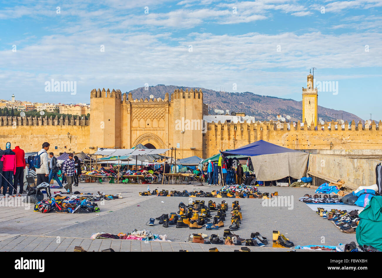 Market in Bab Chorfa at sunset, view from Bou Jeloud square. Bab Chorfa ...