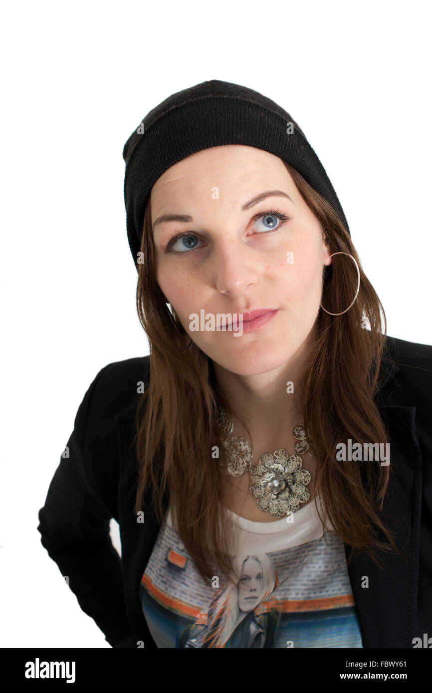 Woman Confused And Looking Up Stock Photo - Alamy