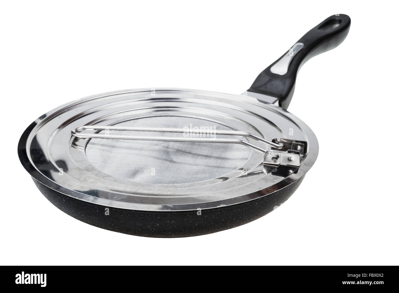 steel frying pan closed by splatter screen isolated on white background ...