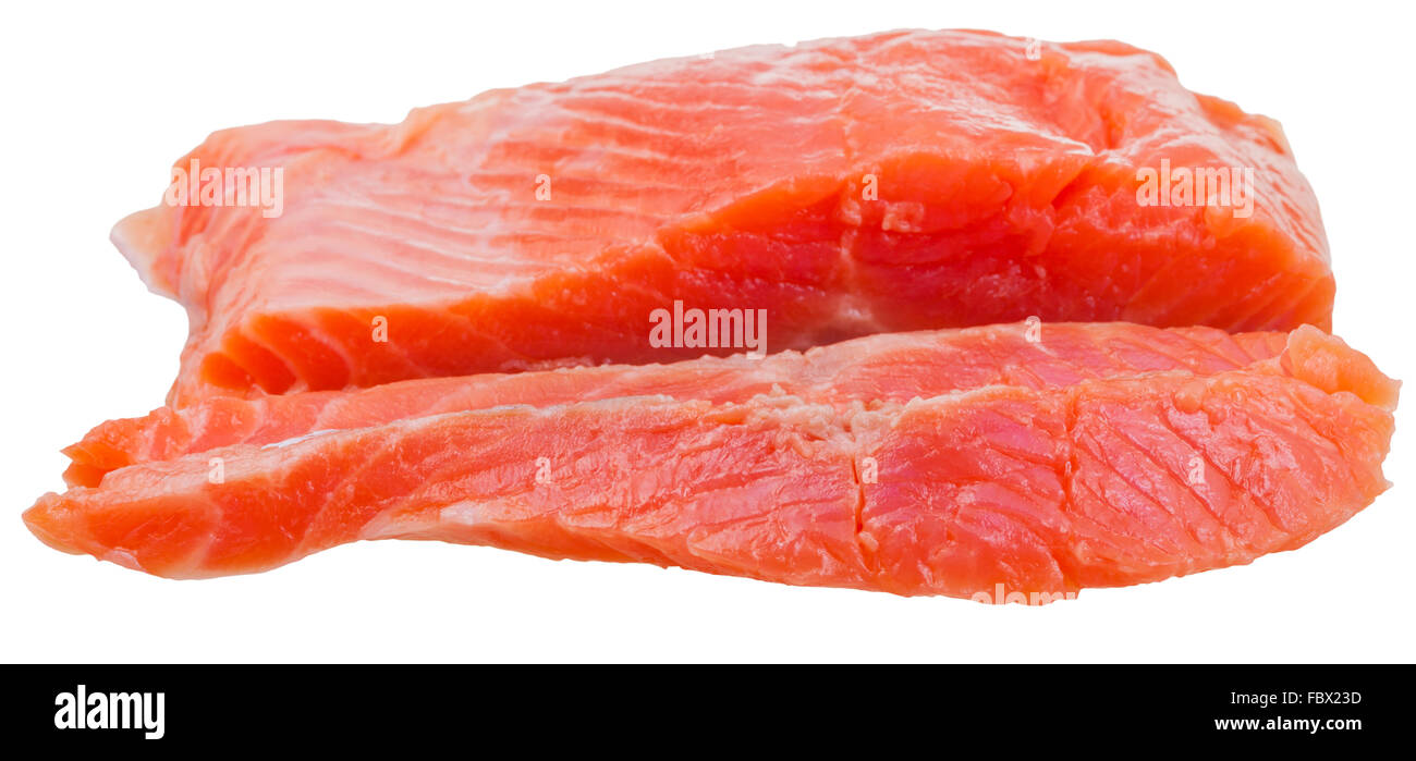 side view of sliced slightly salted trout red fish fillet piece ...