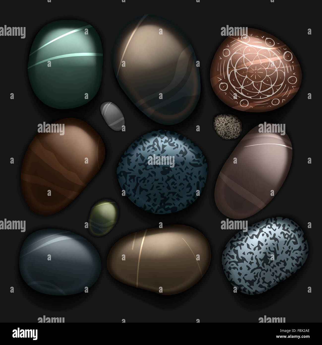 Stones pebble collection isolated on black Stock Photo - Alamy