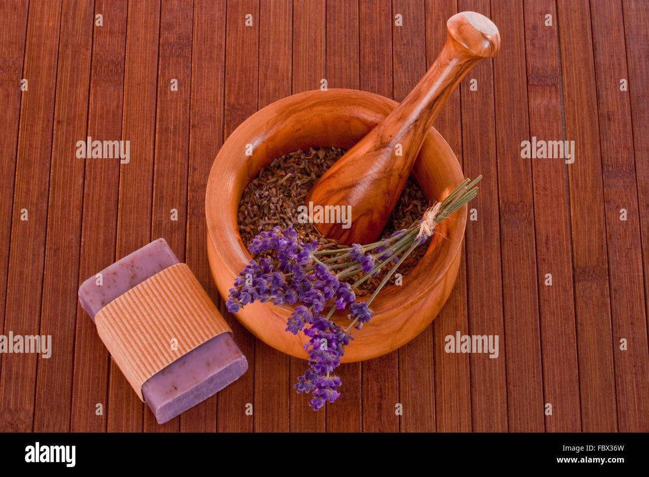 Mortar with lavender soap Stock Photo - Alamy