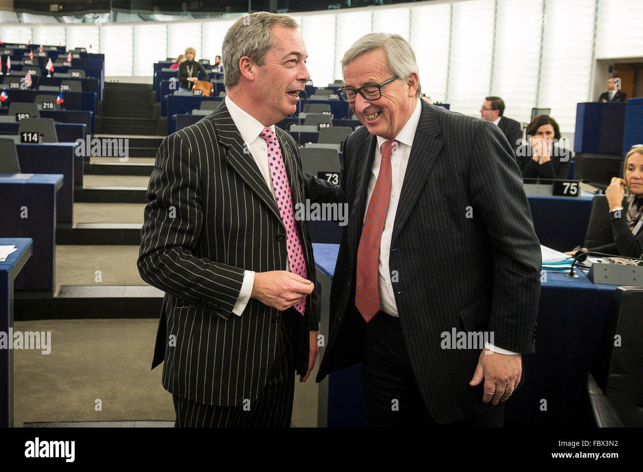 Member of European Parliament (MEP) Nigel Farage (L) and Jean-Claude ...