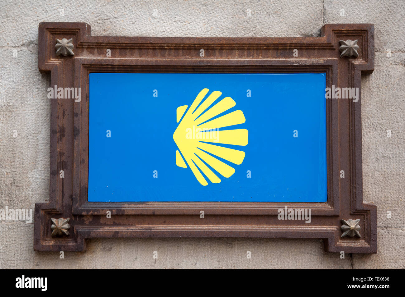 Blue Camino de Santiago Sign on Stone Wall Stock Photo - Alamy
