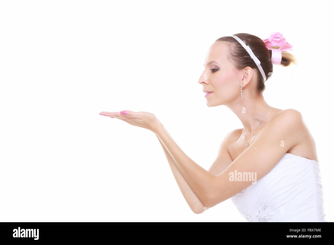 woman bride showing open hand copy space for product Stock Photo - Alamy