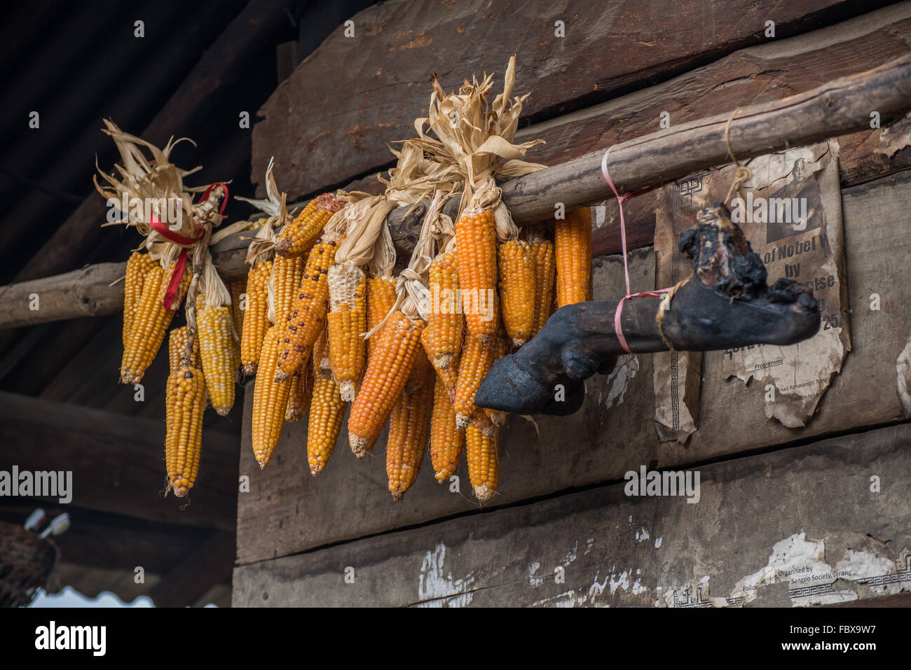 Sweetcorn hung to dry (a staple foodstuff) , along with a charred ...