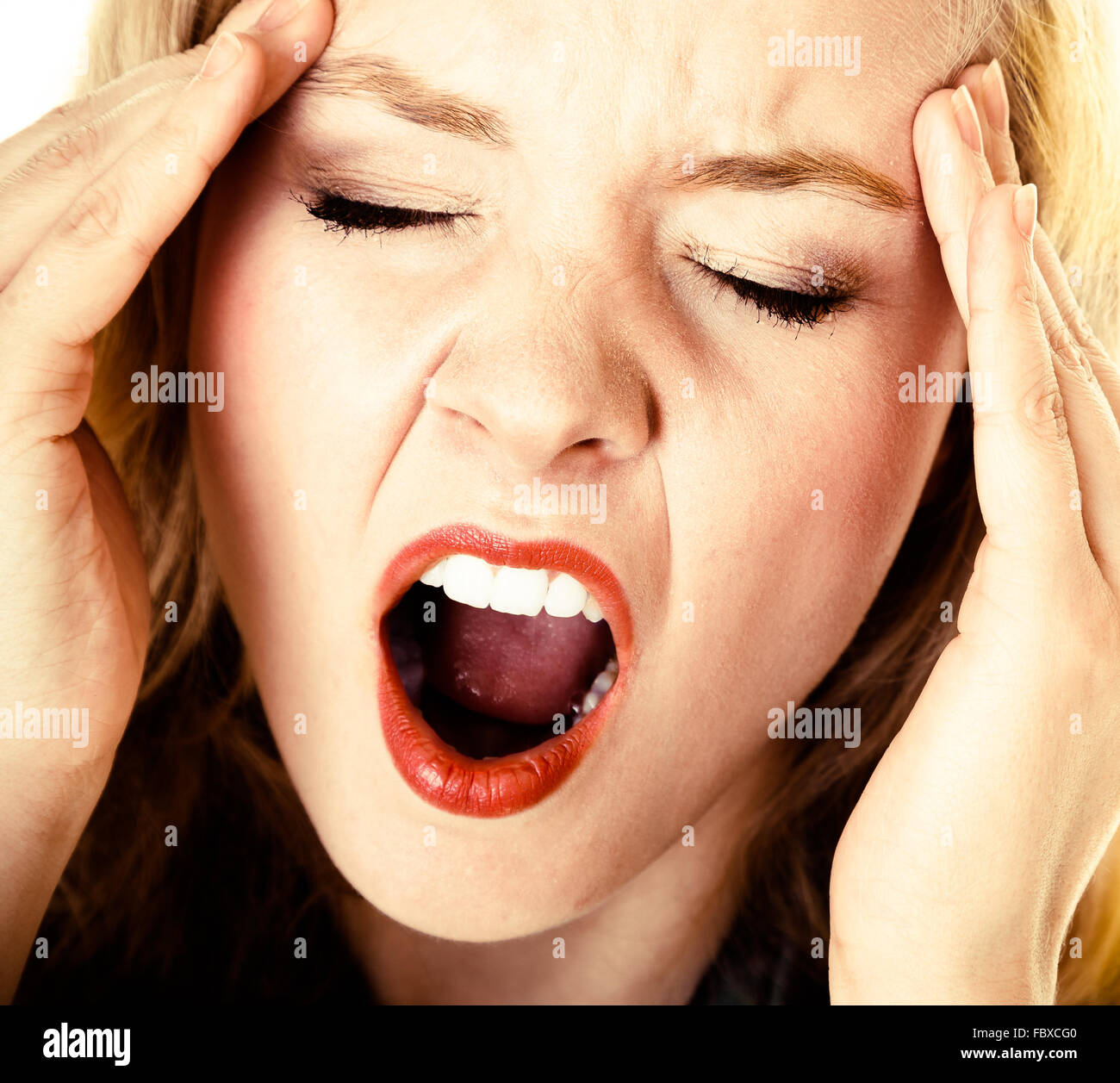 Business woman headache pain screaming shouting. Stress in work Stock ...