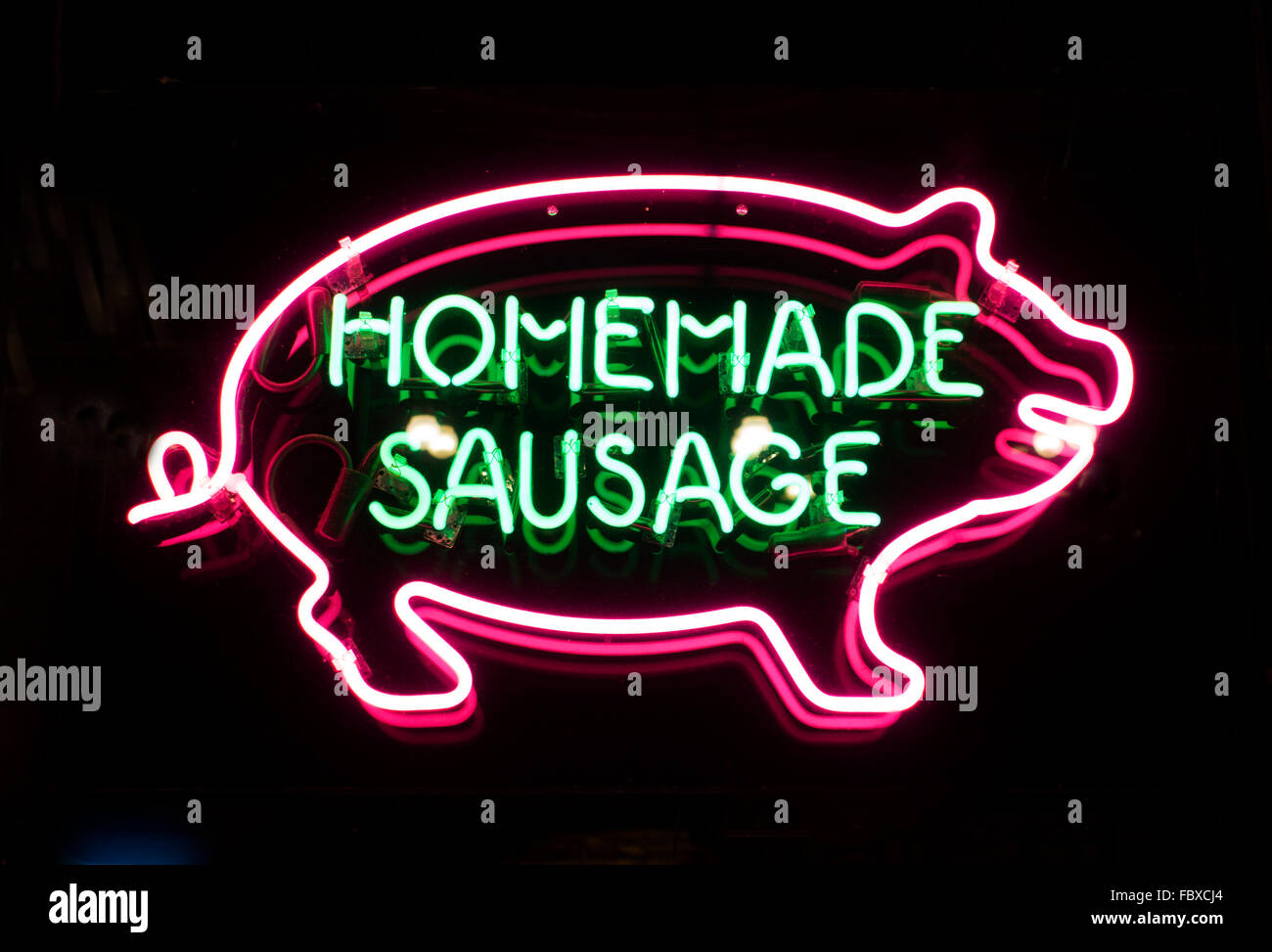 homemade pork sausage neon sign in store window Brooklyn NYC Stock ...