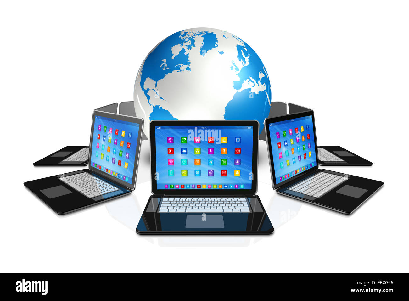 Laptop Computers around World Globe Stock Photo - Alamy