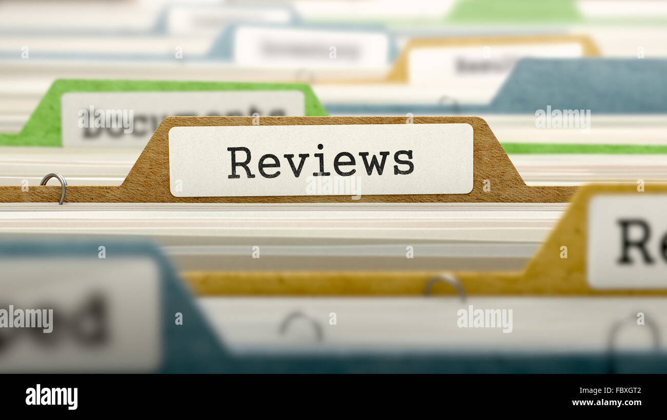 Reviews Concept. Folders in Catalog Stock Photo - Alamy