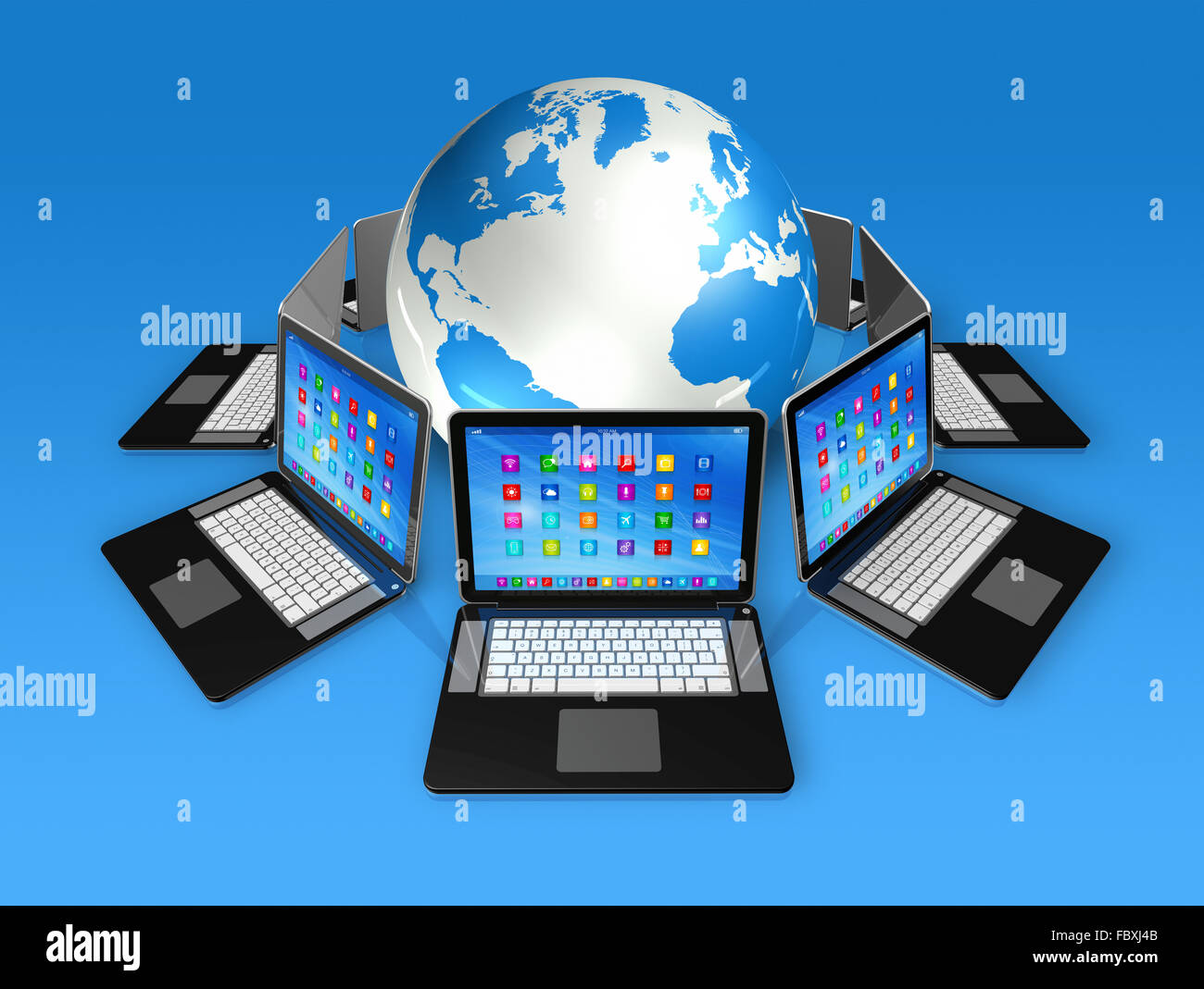 Laptop Computers around World Globe Stock Photo - Alamy