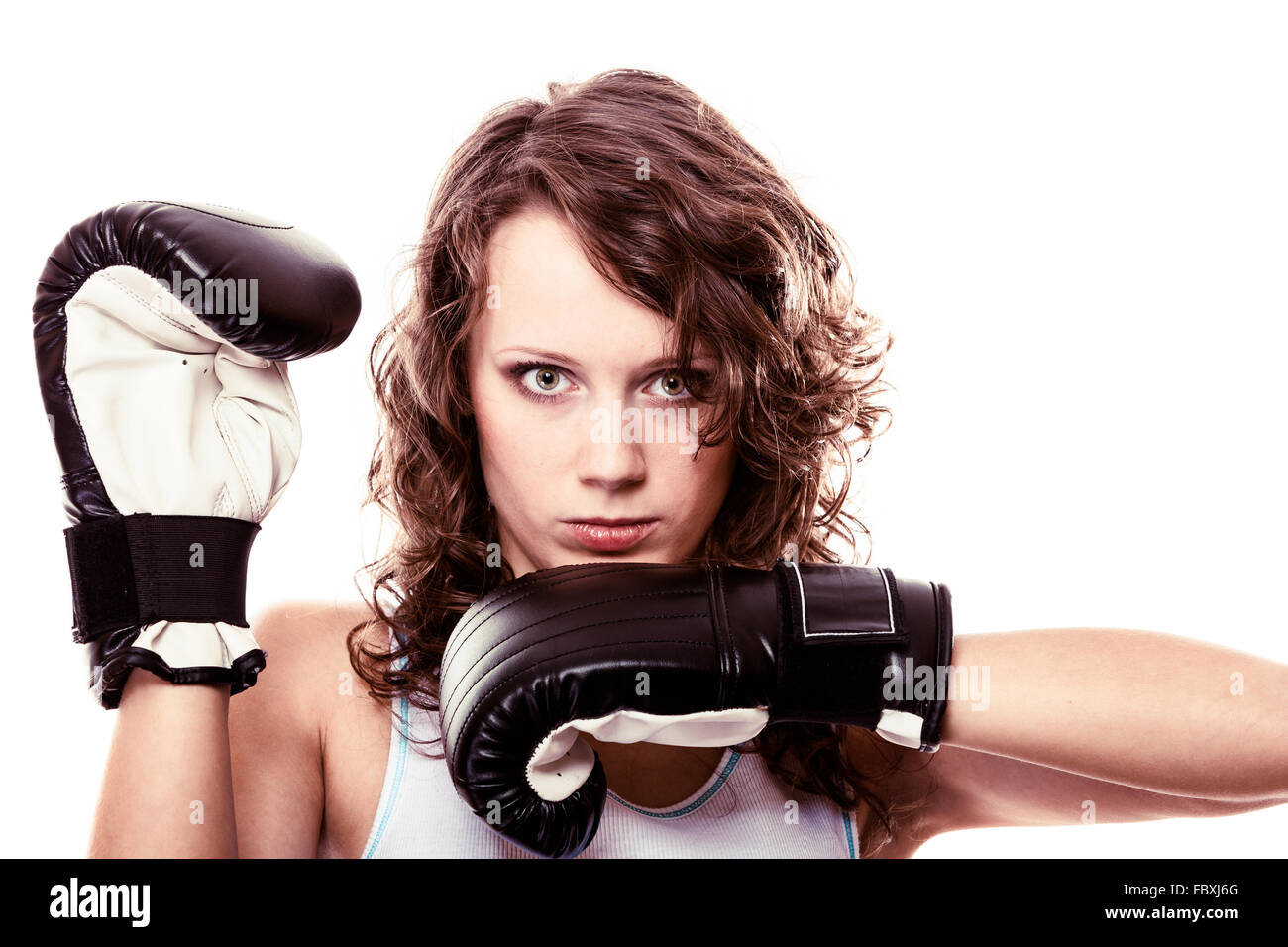 Sport boxer woman in black gloves. Fitness girl training kick boxing ...