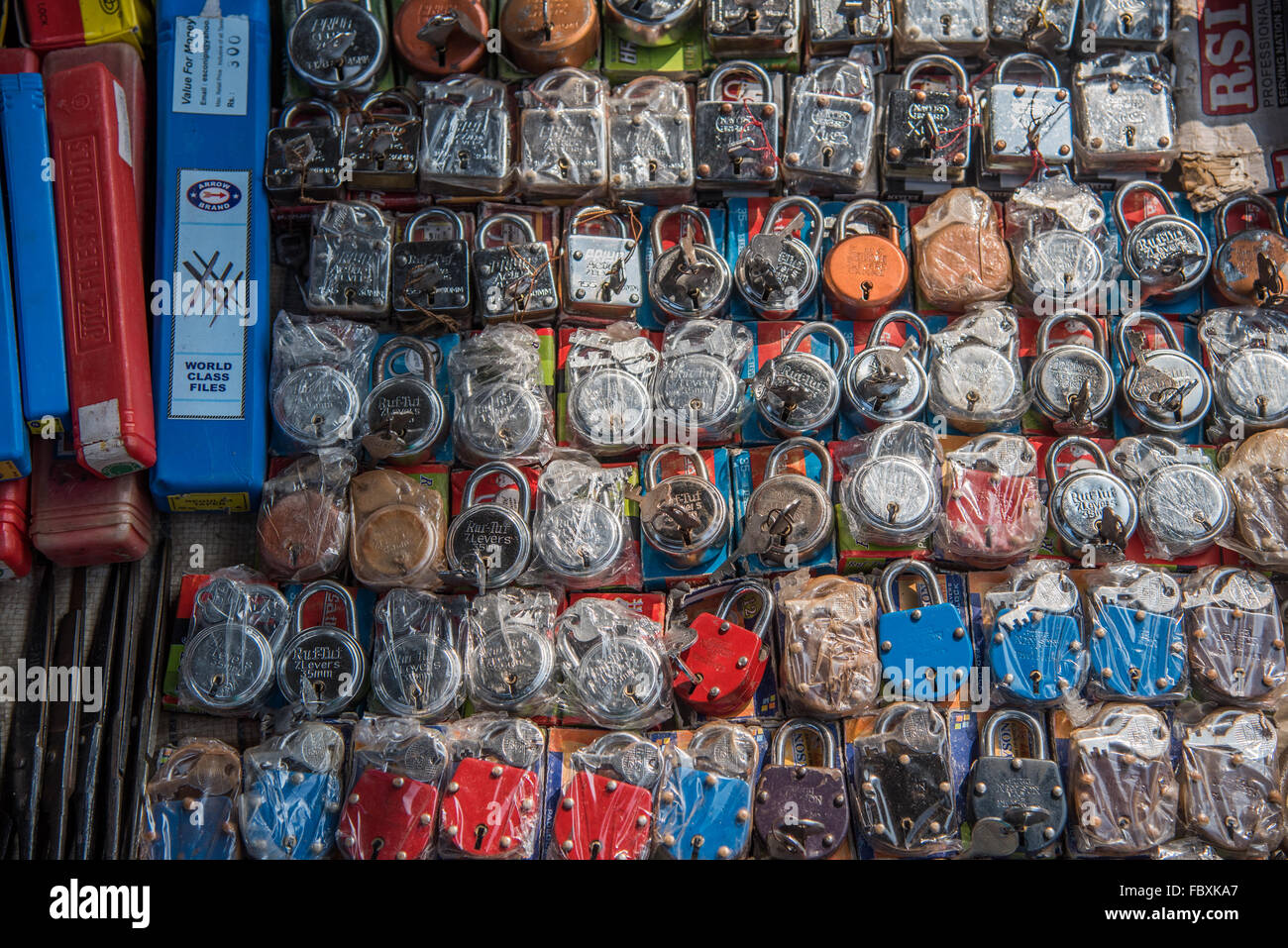 Indian market. Rows of assorted Aluminium, brass, galvanised and ...