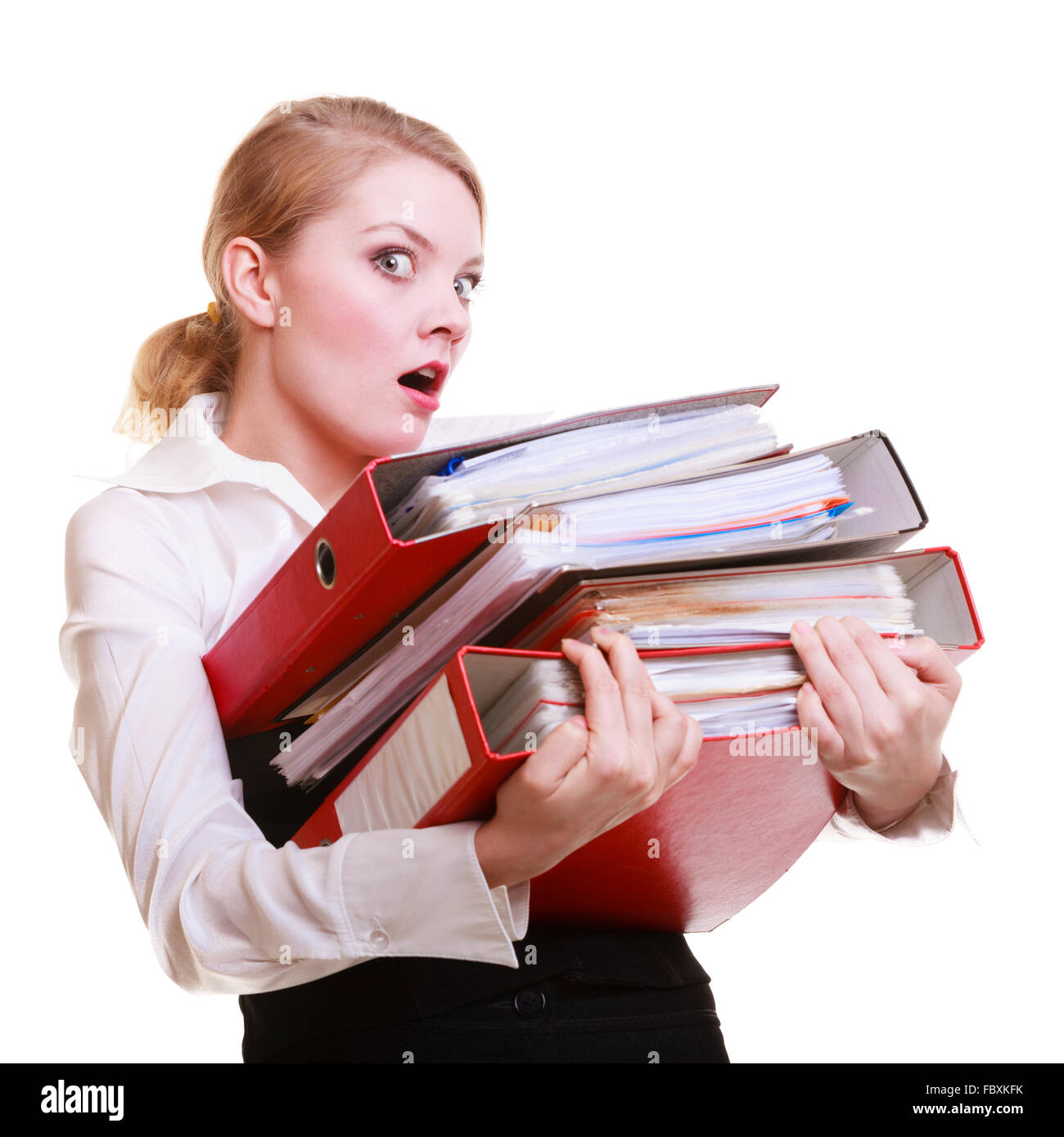 Young overworked business woman holding stack folders documents Stock ... Young overworked business woman holding stack folders documents Stock ...
