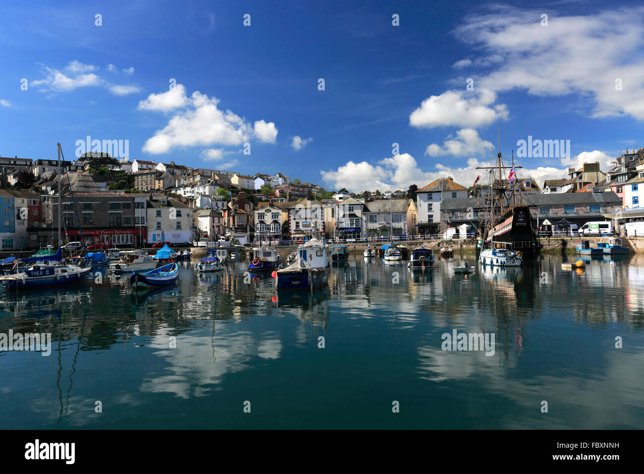 Summer, fishing boats in Brixham harbour, Brixham town, Torbay, English ...