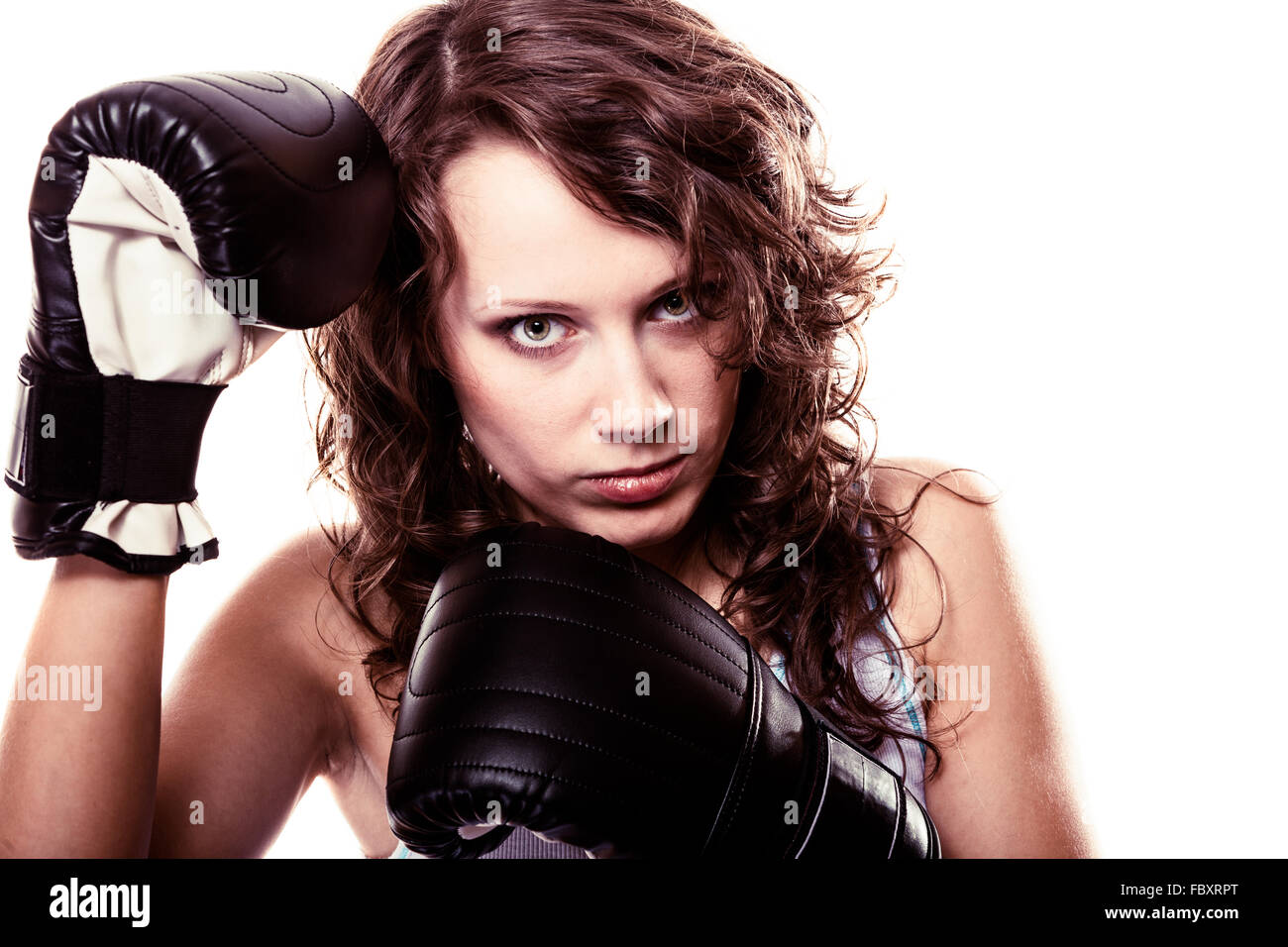 Sport Boxer Woman In Black Gloves Fitness Girl Training Kick Boxing
