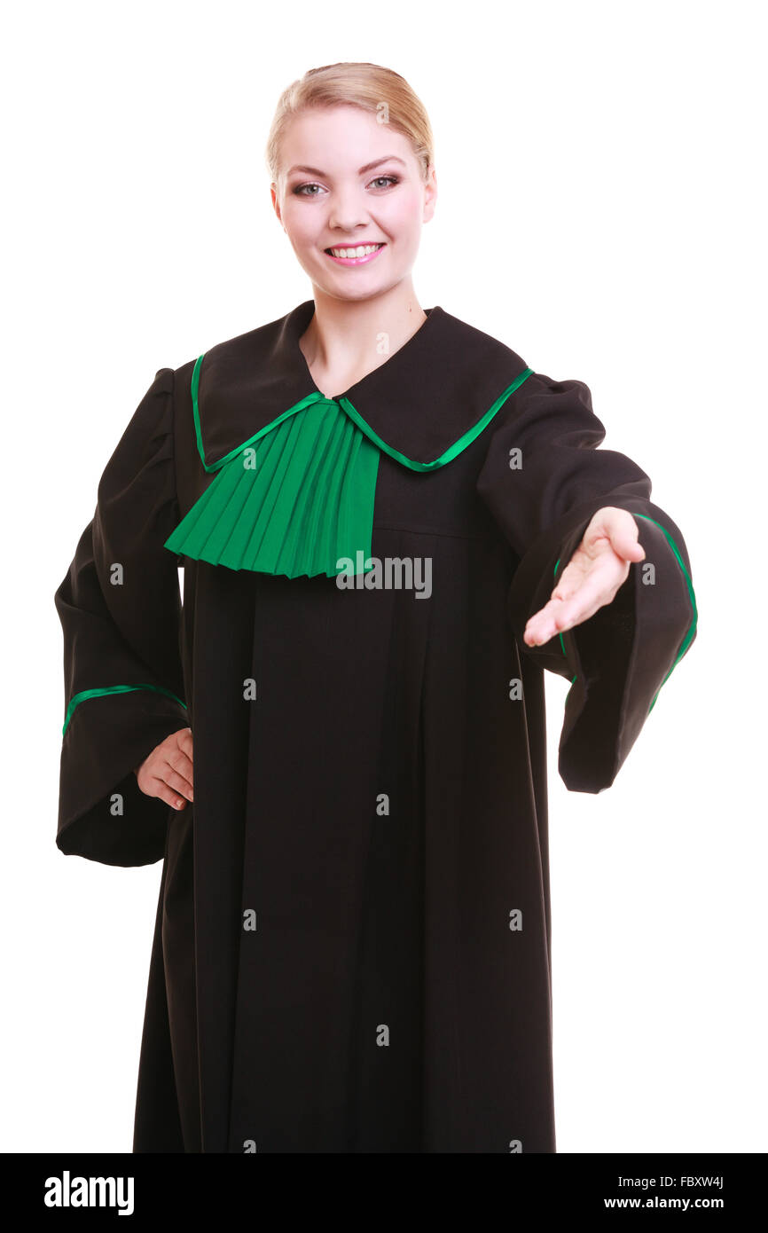 Woman lawyer attorney wearing classic polish gown giving hand for ...