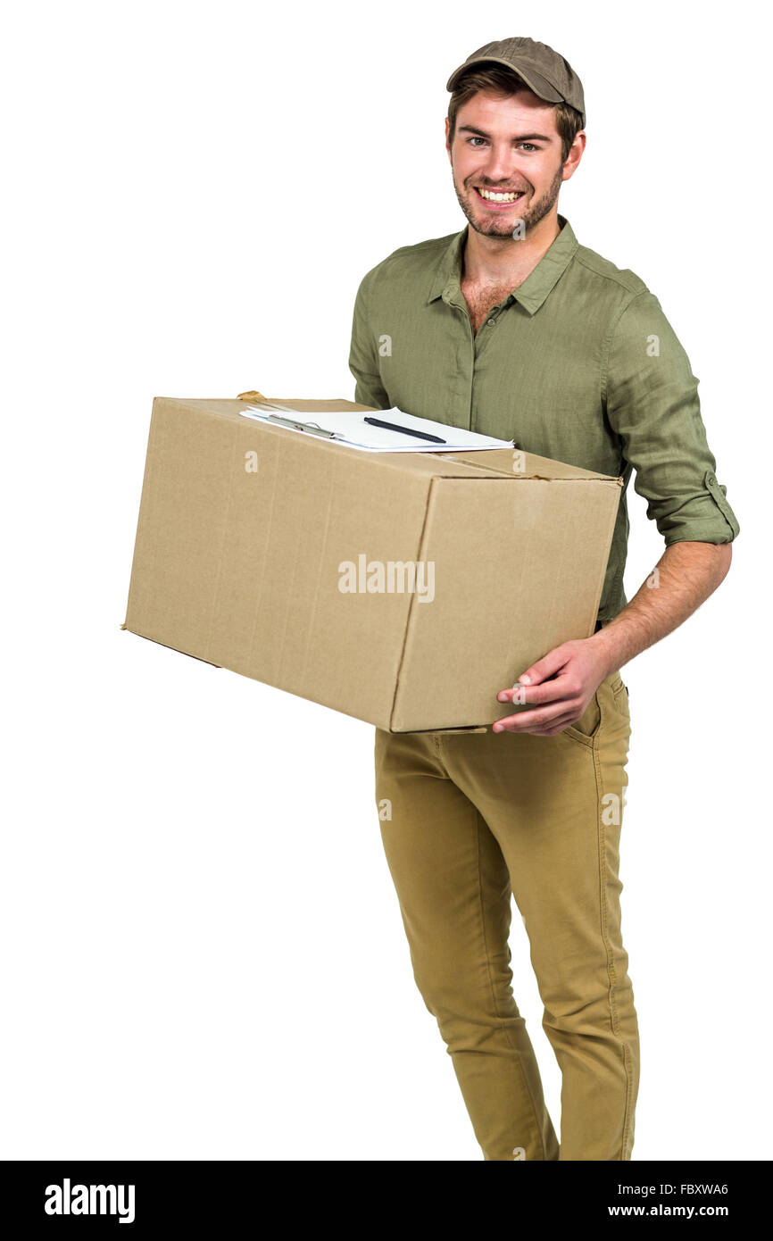 Handsome postman holding pack Stock Photo - Alamy