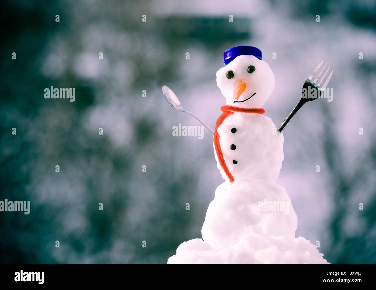 Little happy christmas snowman with fork outdoor. Winter season Stock ...