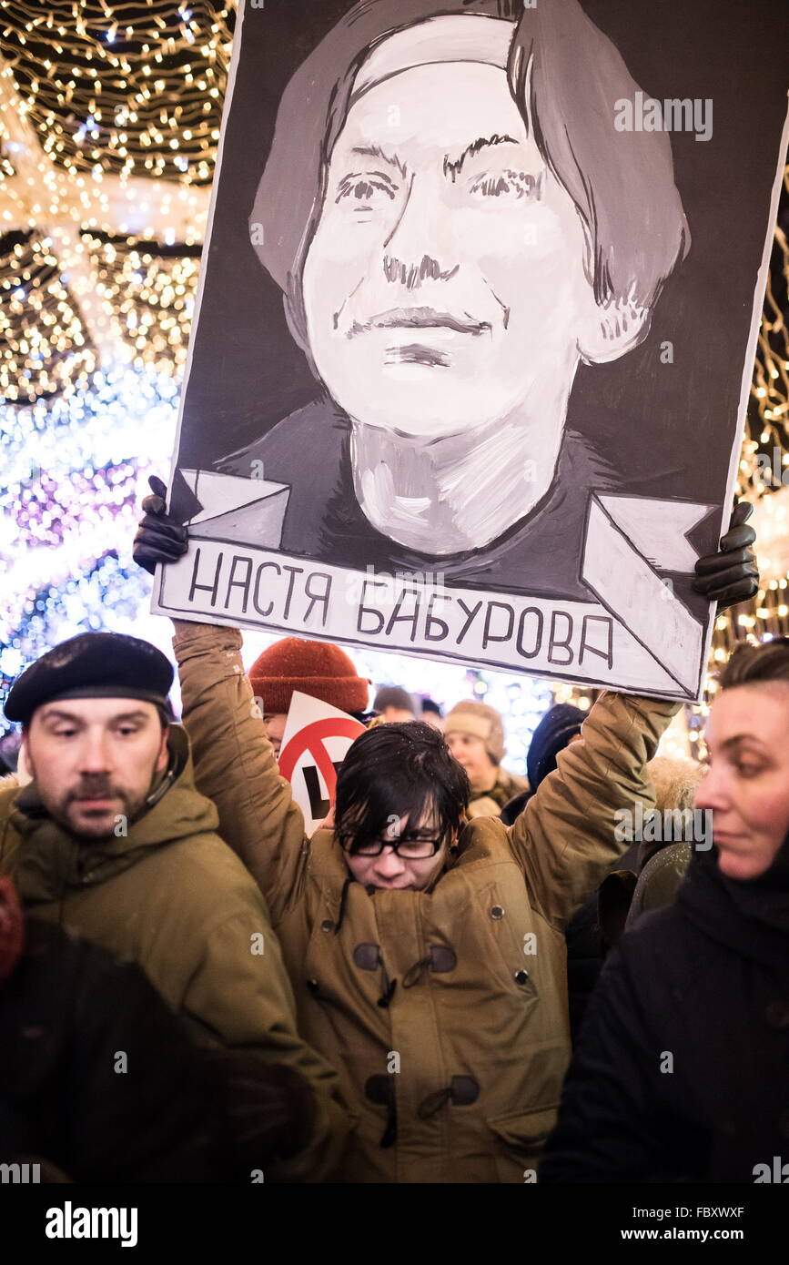 Moscow, Russia. 19th Jan, 2016. A man holds the portrait of Nastya ...