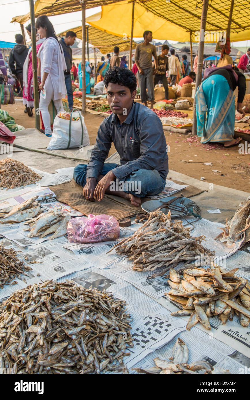Indian market. A male market trader selling assorted dried fish at the ...