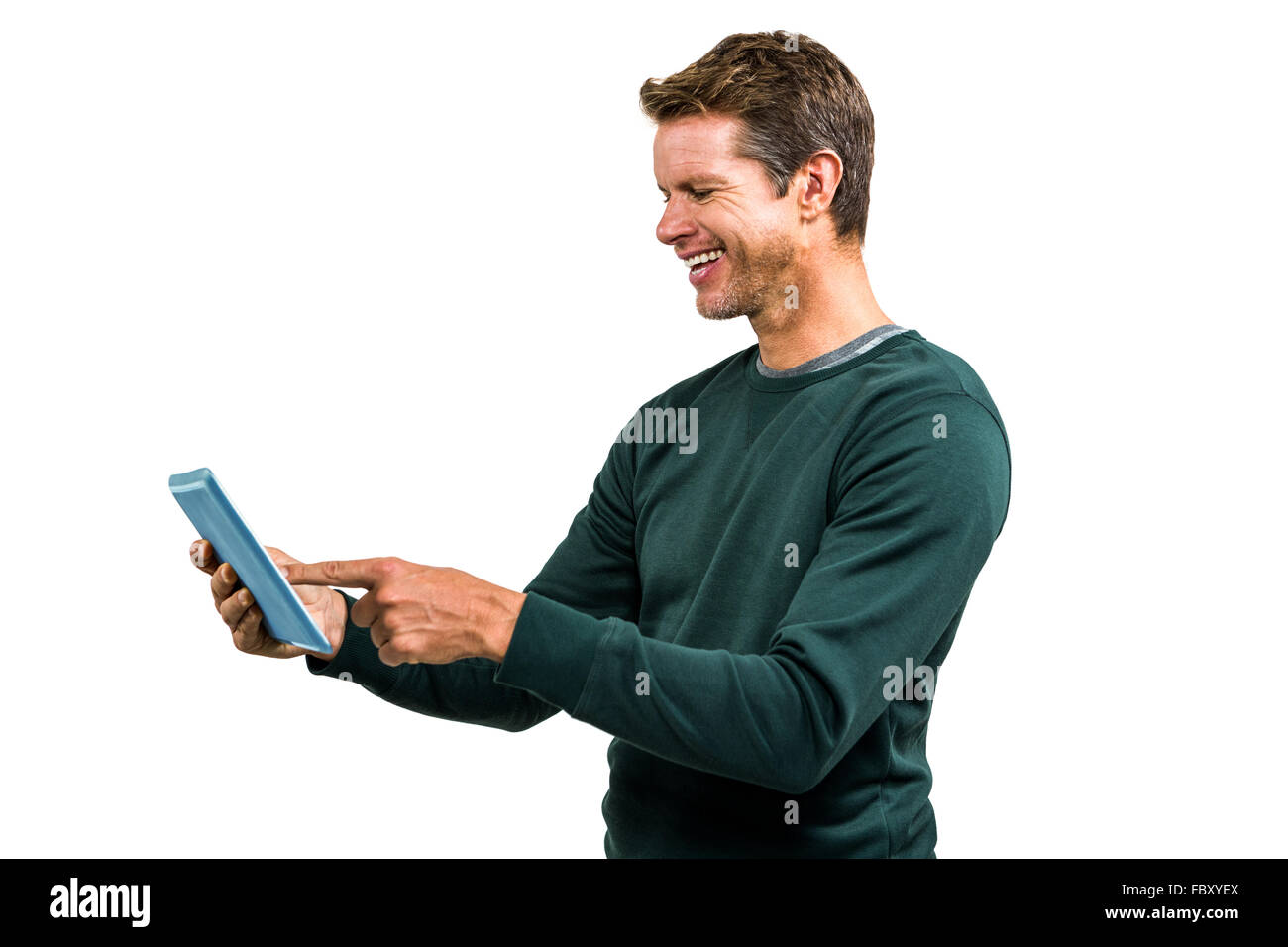 Happy man using tablet Stock Photo - Alamy