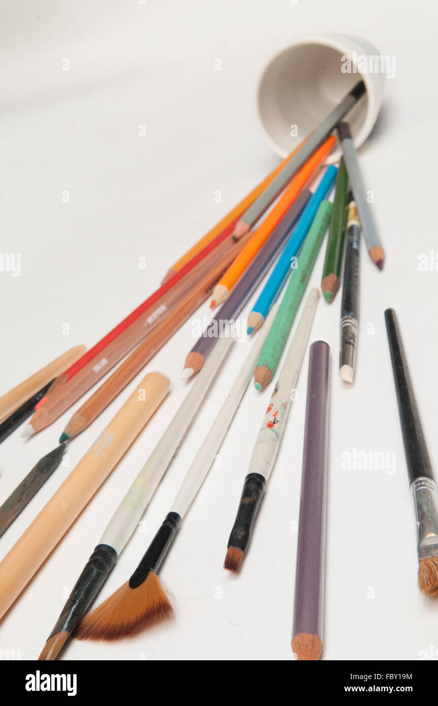 Selection of artists tools on a white background Stock Photo - Alamy