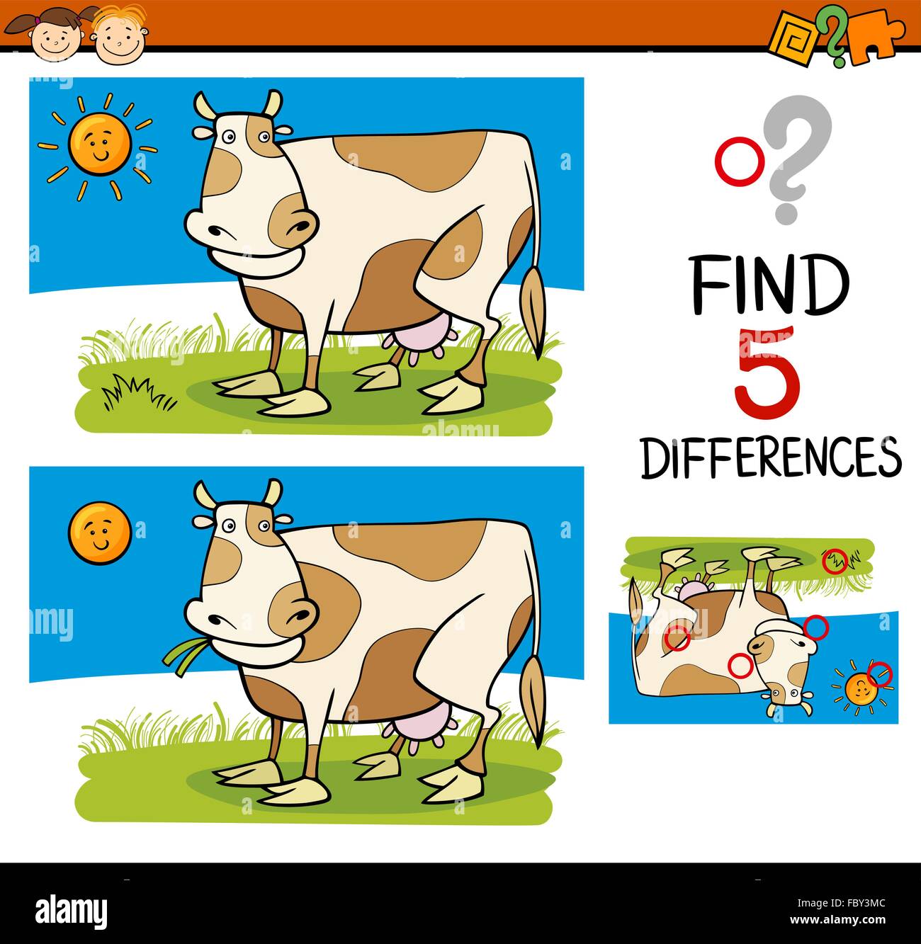 Cartoon Illustration of Finding Differences Educational Task for Preschool Children with Cow ...