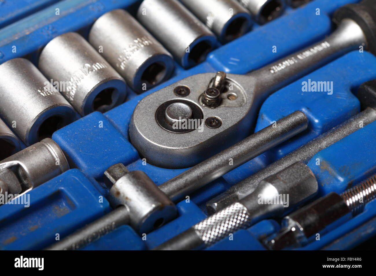 Closeup toolkit set tools in blue box Stock Photo - Alamy