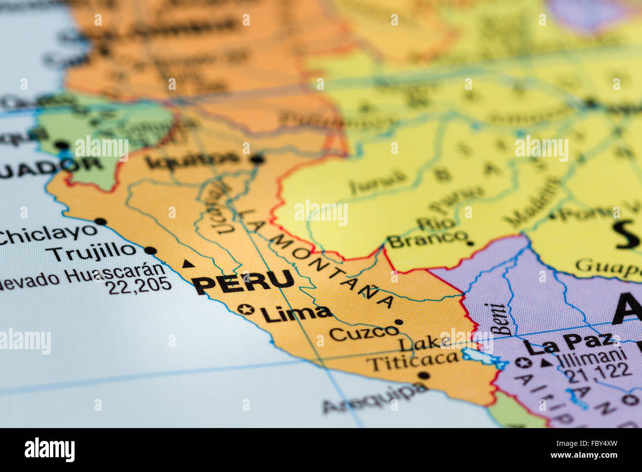 close up of the country of Peru viewed on a wold map as a travel ...