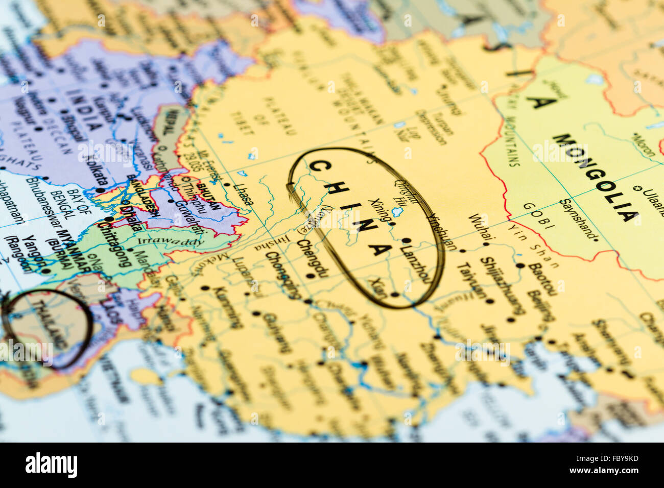 Close up of the country of China on a world map to be used as a concept ...