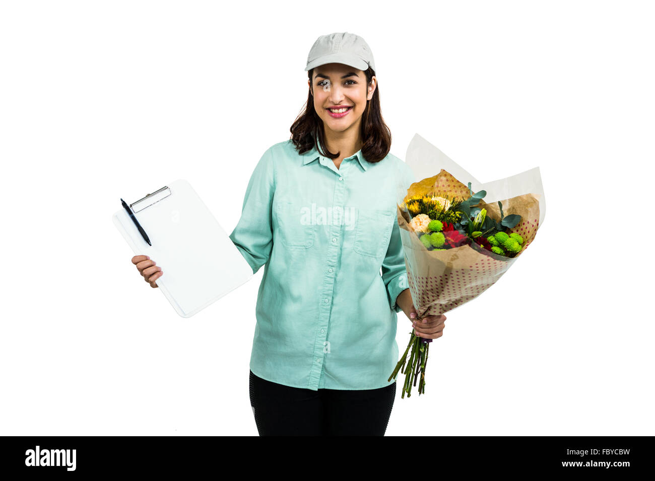 Portrait of happy delivery woman with flower bouquet Stock Photo - Alamy